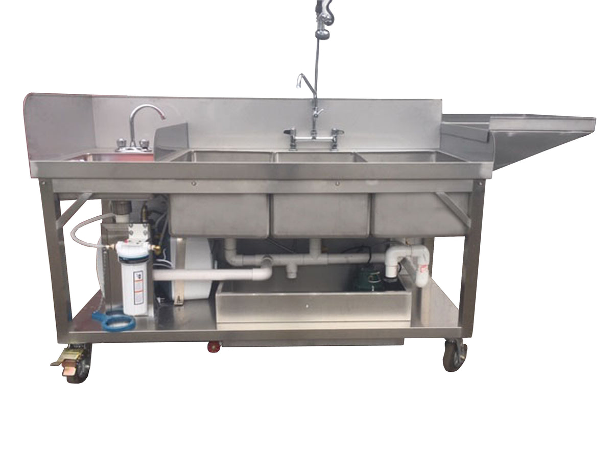 69" STAINLESS STEEL (4) BAY SINK CART WITH PRE-RINSE FAUCET ...